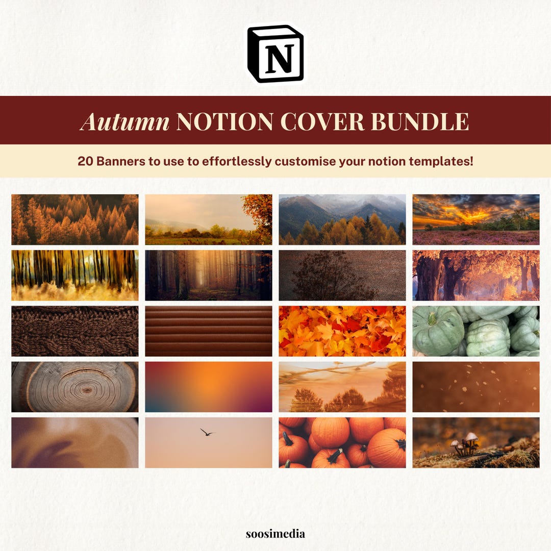 Autumn Fall Notion Covers Bundle: 20 Multicolored Banners and Digital ...