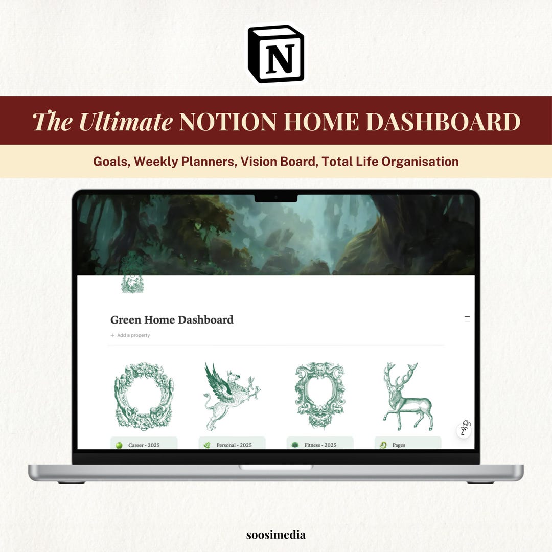 Notion Life Planner 2026, Notion Dashboard, ADHD Notion, Green Fantasy ...
