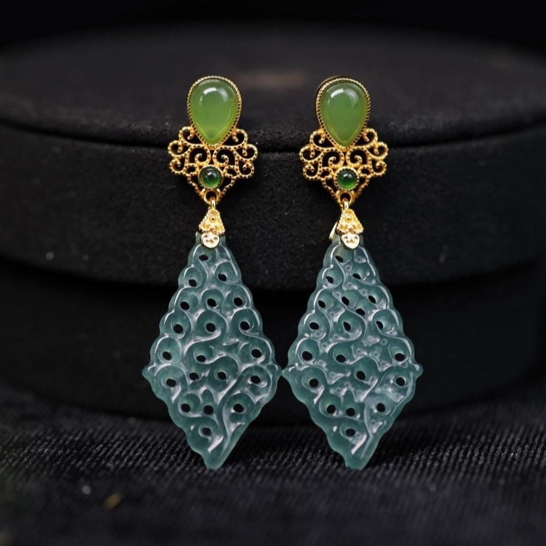Carved Icy Blue Guatemala Jade Earrings, Sterling Silver Jade Earring ...
