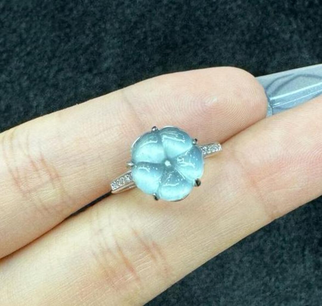 Natural Guatemala Jade Flower Ring, Ice Blue Jadeite Jade Ring ...