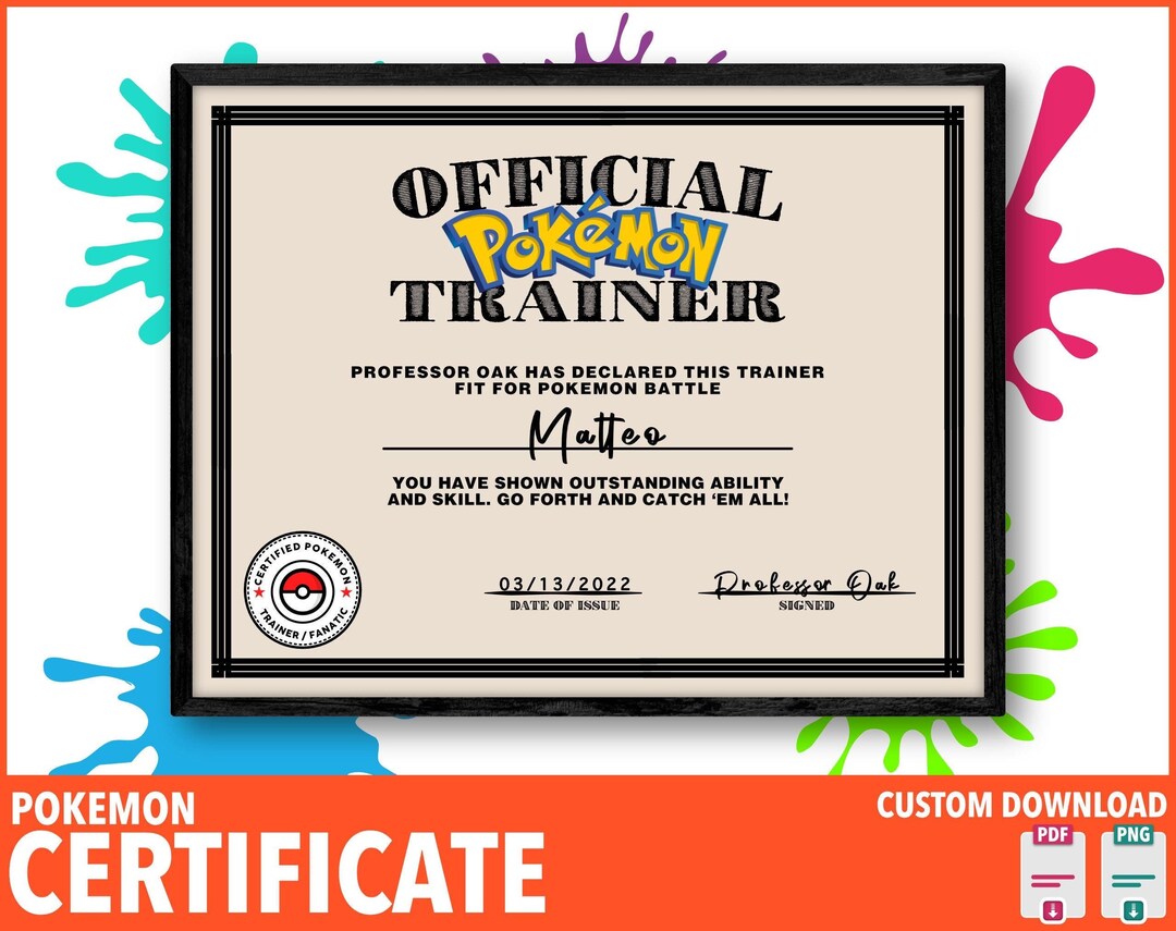 Pokémon Trainer Certificate - Downloadable / Custom Fan Art / Party - Etsy