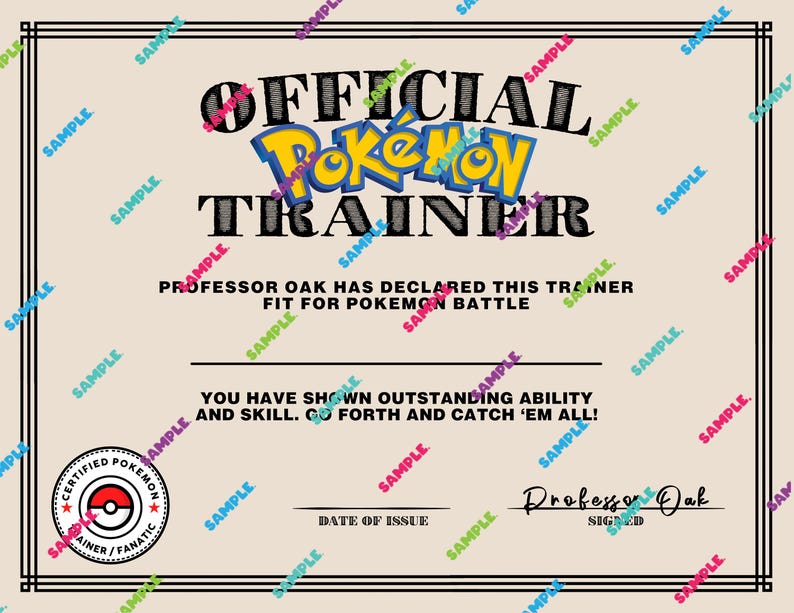 Pokémon Trainer Certificate - Downloadable / Custom Fan Art / Party - Etsy