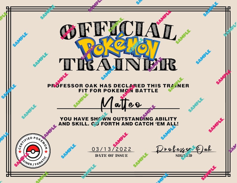Pokémon Trainer Certificate - Downloadable / Custom Fan Art / Party - Etsy