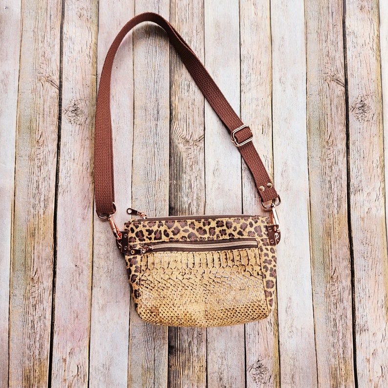 Axie Anne Leopard/snake Skin Cork Leather Crossbody Bag With Rose Gold ...