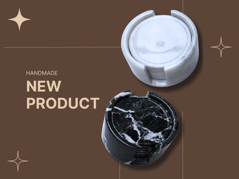 Handmade 6-piece Marble Coaster Set With Organizer Holder, Round Black ...