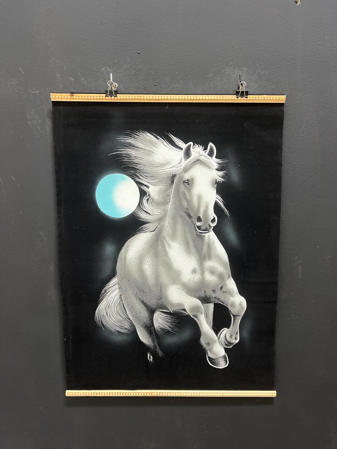 Hand-painted Black Velvet Artwork, Beautiful Horse White Under Moon ...