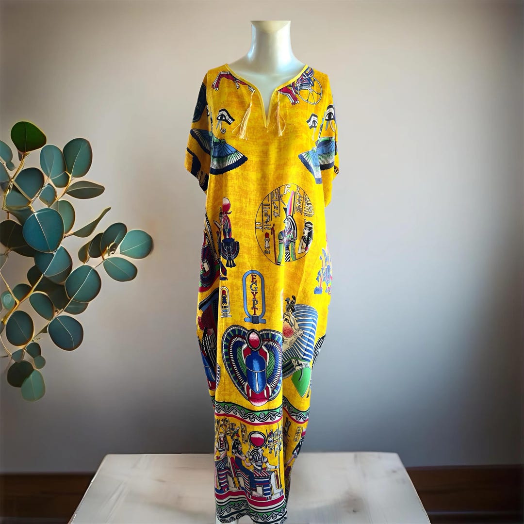 Hieroglyphics Egyptian Pattern Cotton Long Dress, Egyptian ...