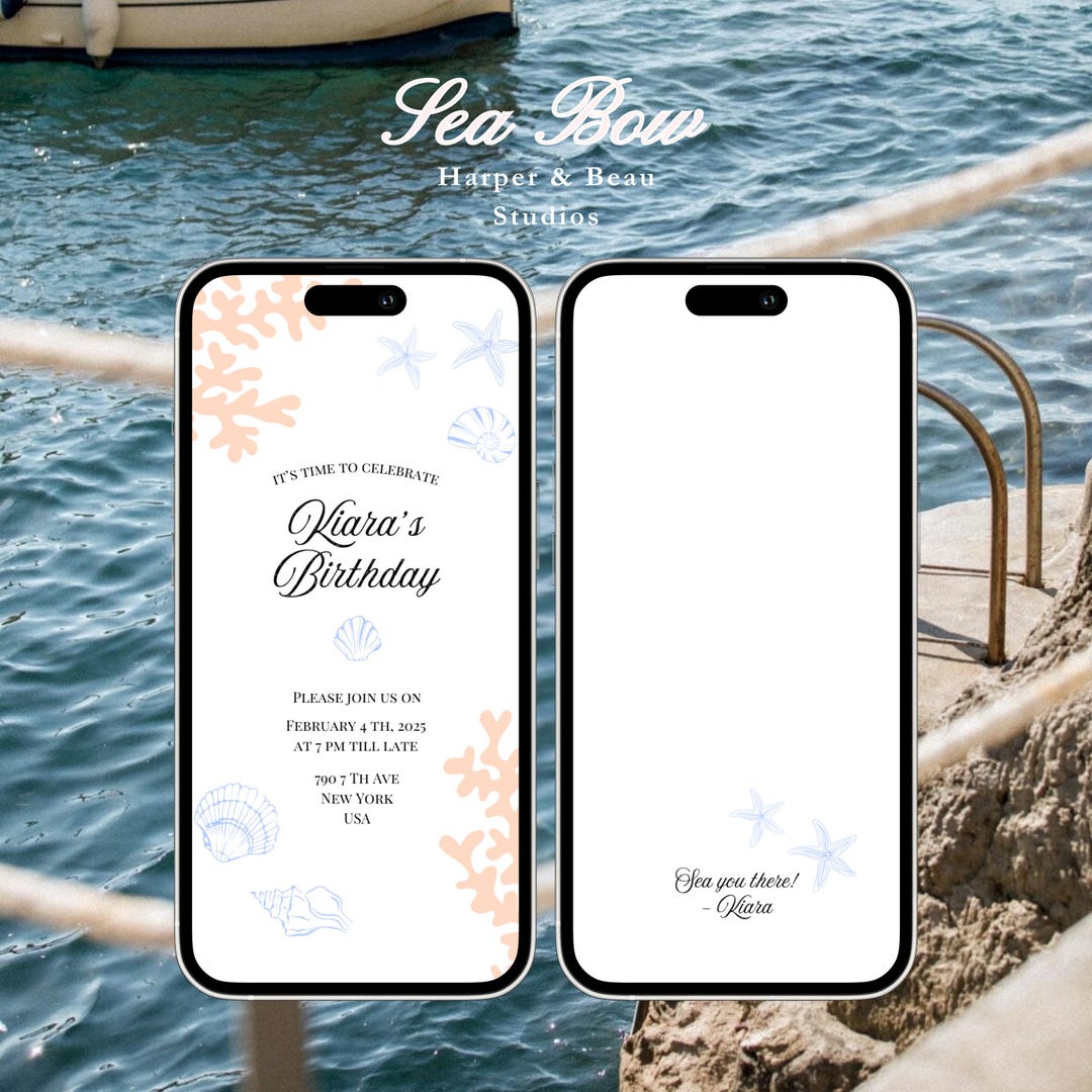 Seashell Beach Birthday Digital Invitation Template Mermaid Coral Theme ...