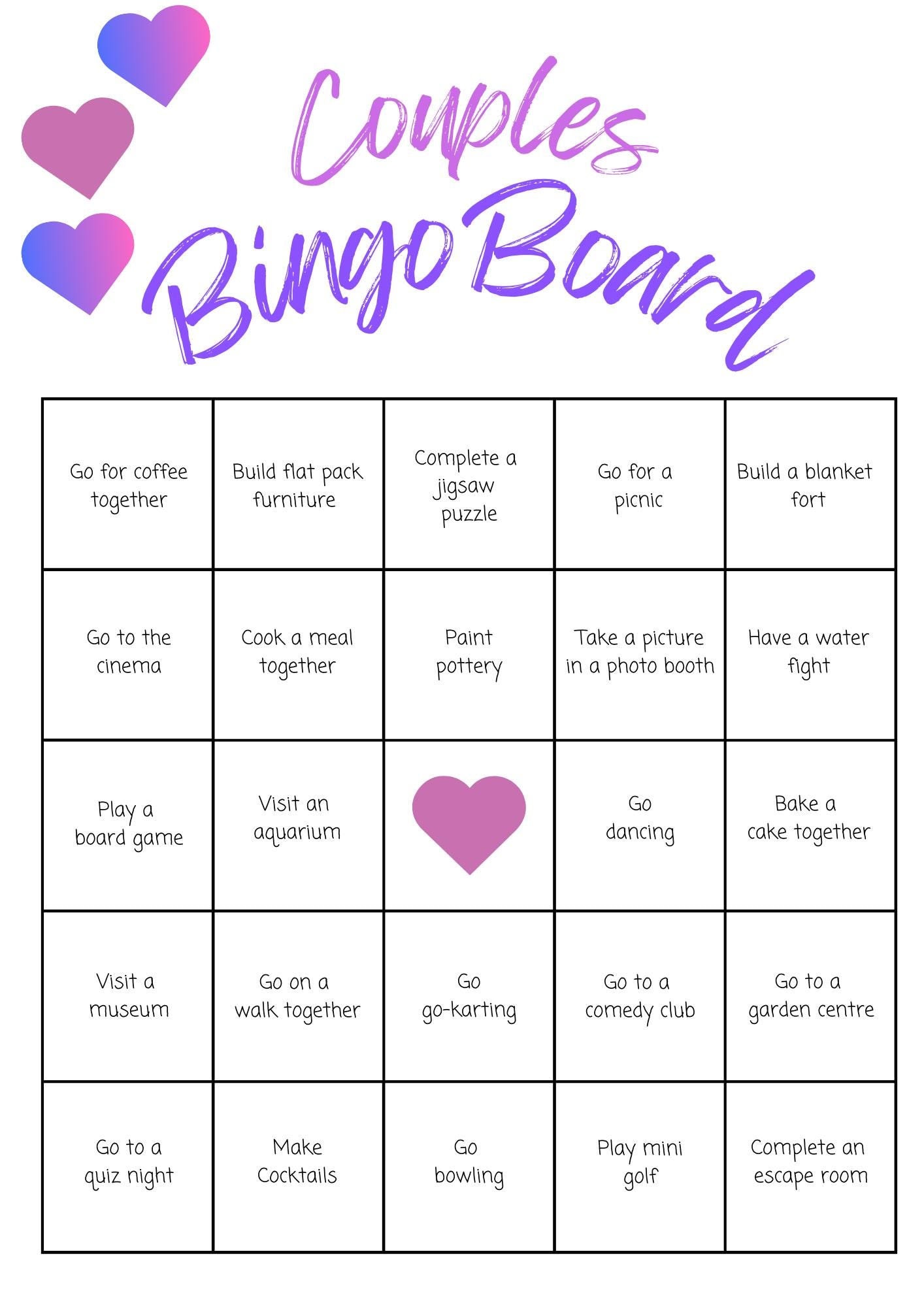 Couples Bingo Board. Date Night Edition. A Great Gift for Him or Her ...