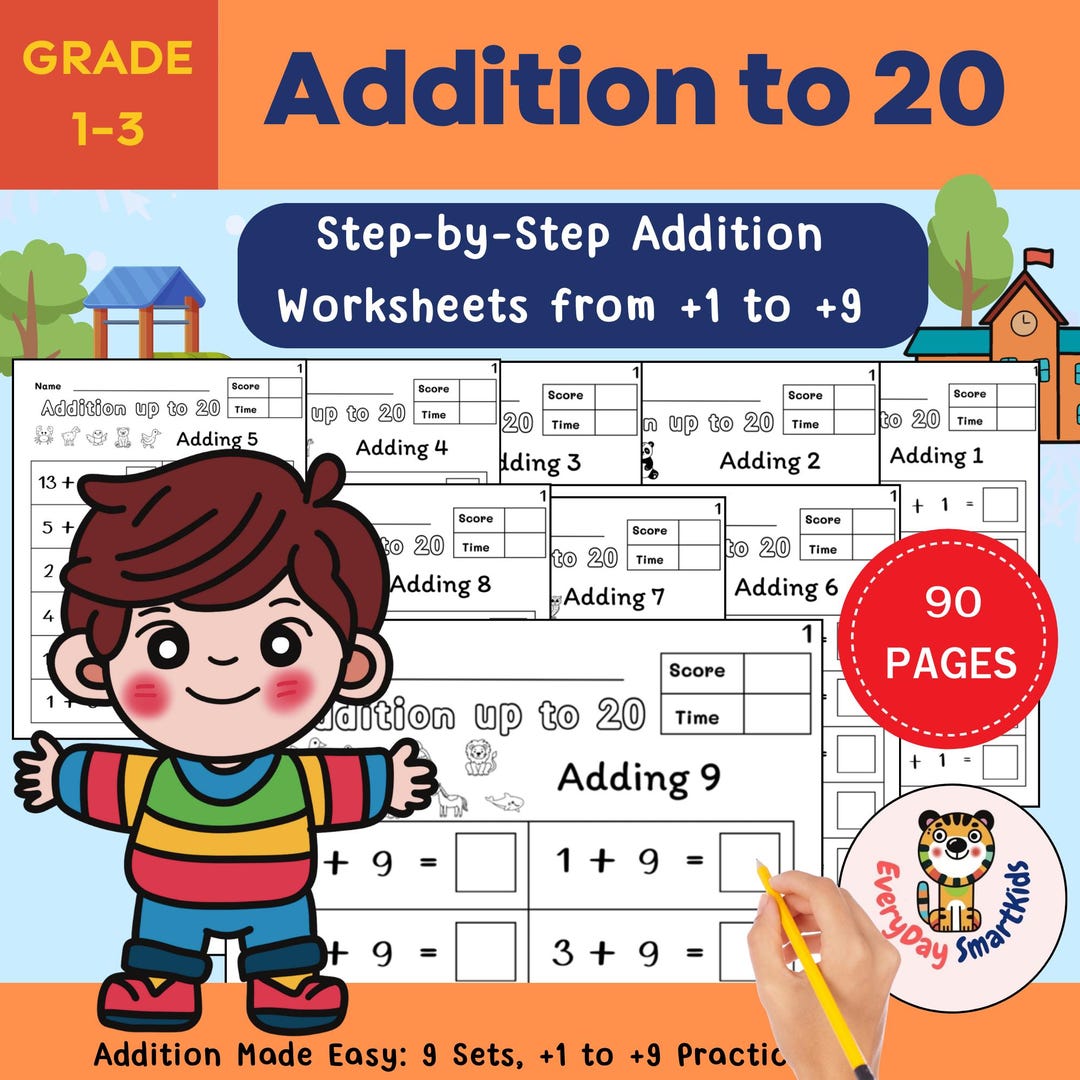 Addition to 20, Practice Addition With Numbers 1 Through 9 With Answer ...