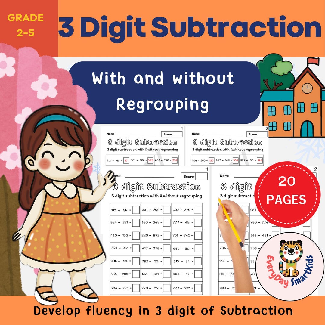 3-digit Subtraction Mastery: With and Without Regrouping,math Worksheet ...