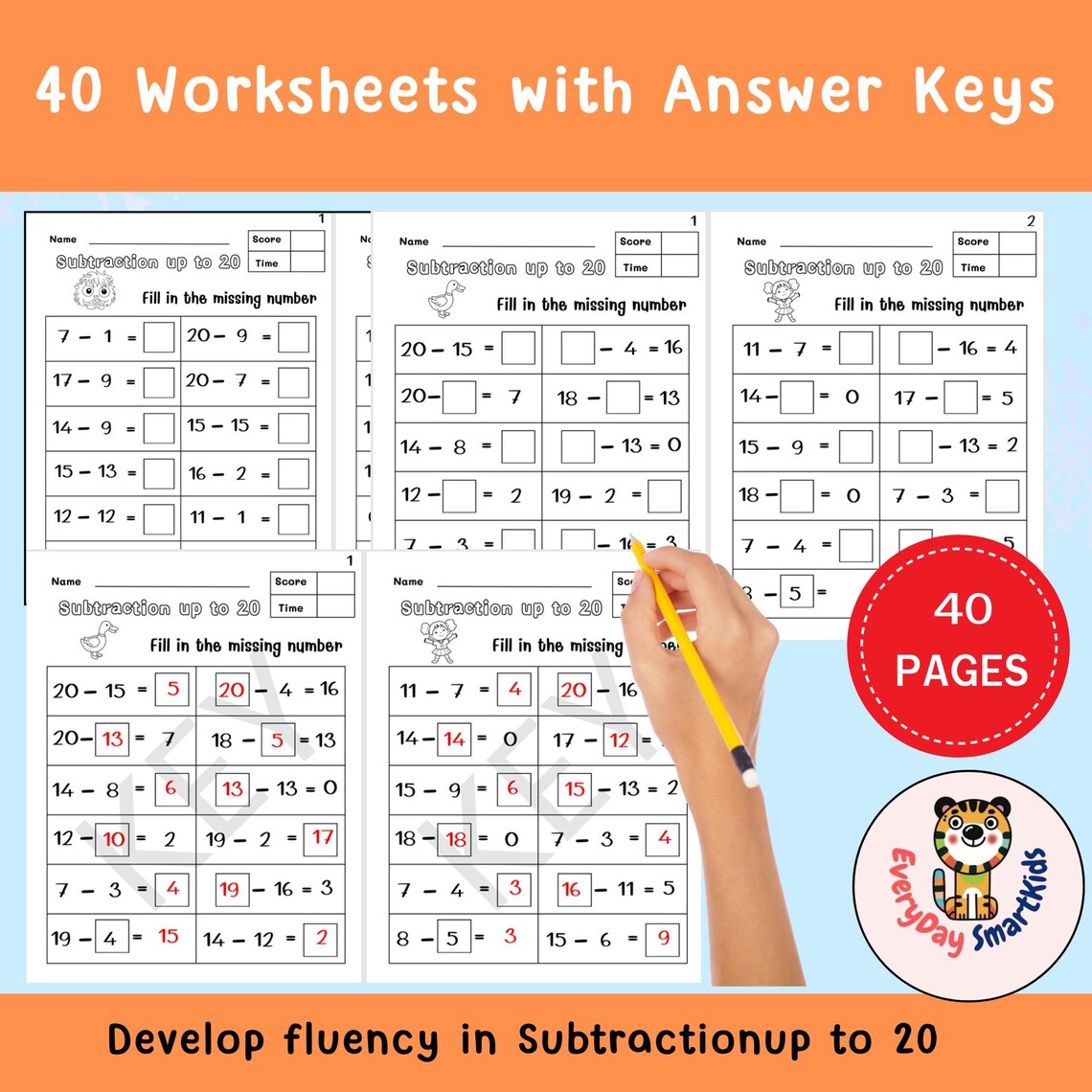 Subtraction to 20,math Worksheets With Answer Keys, Grade 1-3, PDF ...