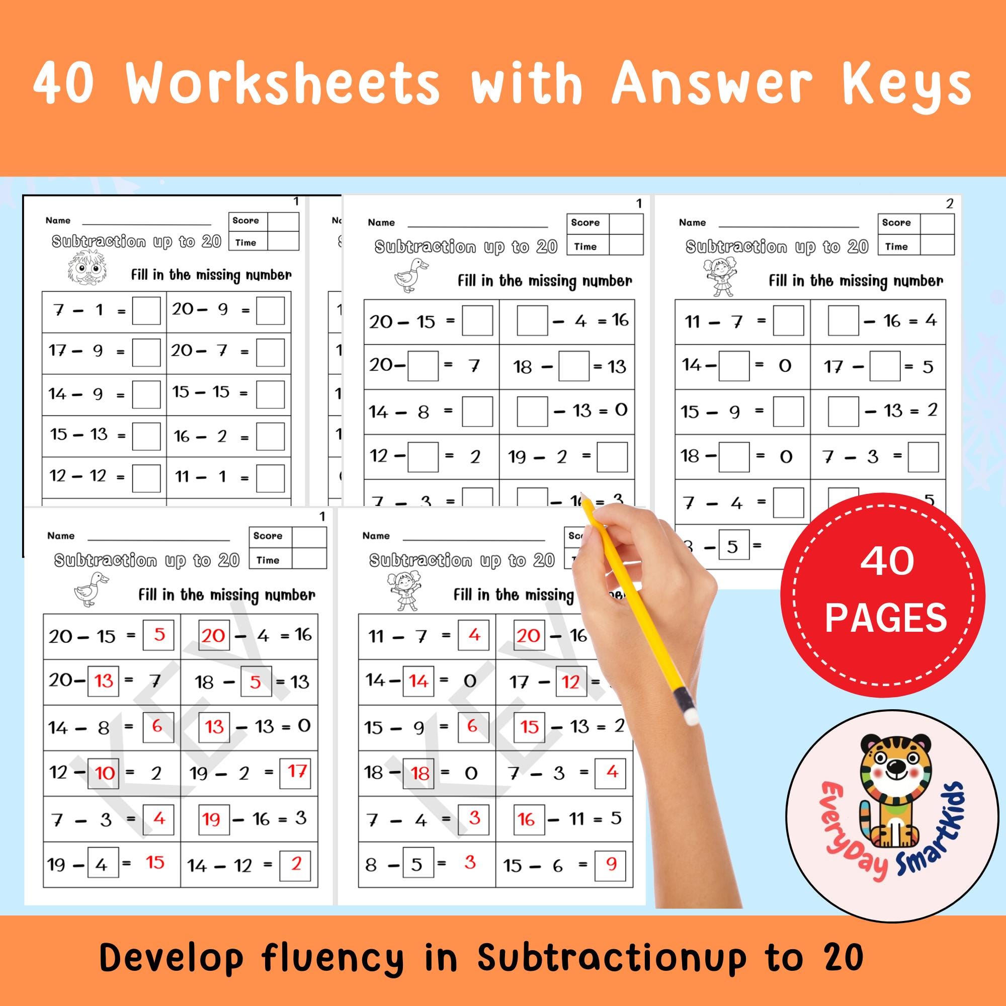 Subtraction to 20,math Worksheets With Answer Keys, Grade 1-3, PDF ...