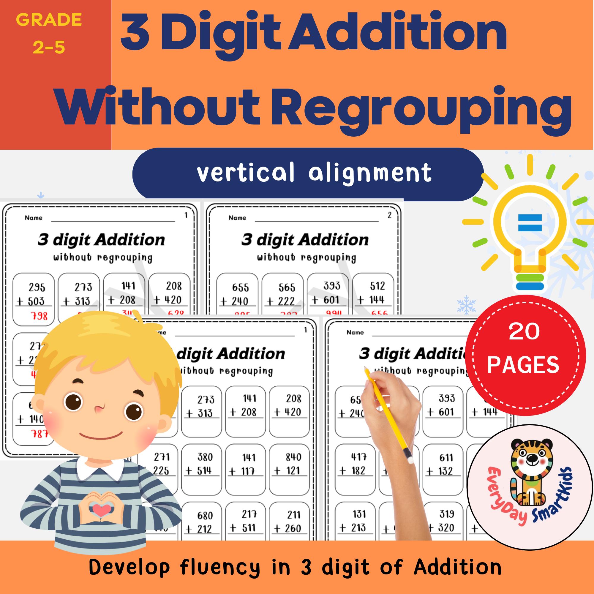 3-digit Addition Without Regrouping Math Worksheet for Grade 2-3, Math ...
