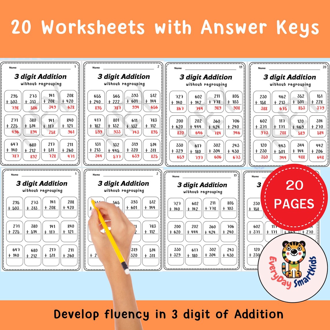 3-digit Addition Without Regrouping Math Worksheet for Grade 2-3, Math ...
