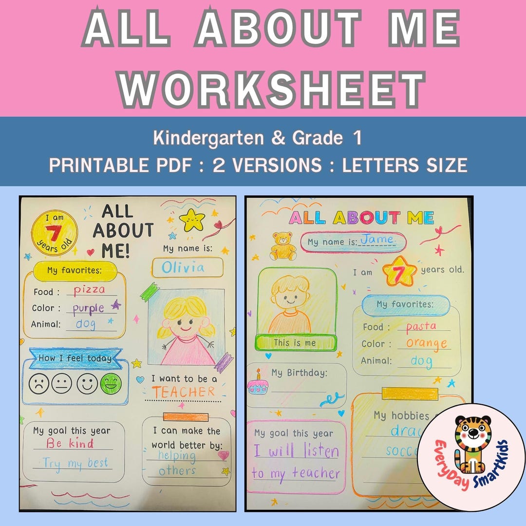All About Me Worksheet: Kindergarten First Day Activity (printable PDF ...