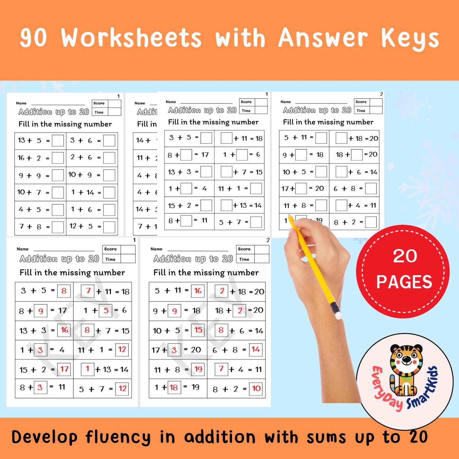 Addition to 20, Fill in the Missing Number Worksheets With Answer Keys ...