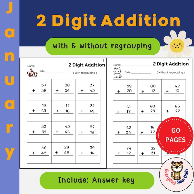 2-digit Addition Worksheets: Grades 1-3 Math Practice (printable PDF ...