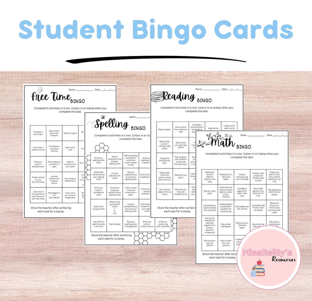 Student Bingo Activity Cards | Free Time, Spelling, Reading & Math ...