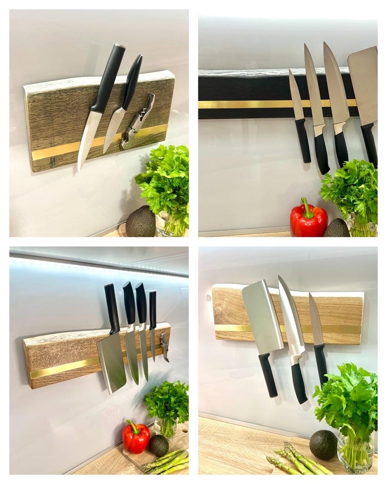 Bog Oak Magnetic Knife Holder With Travertine Stone, Handmade Knife ...