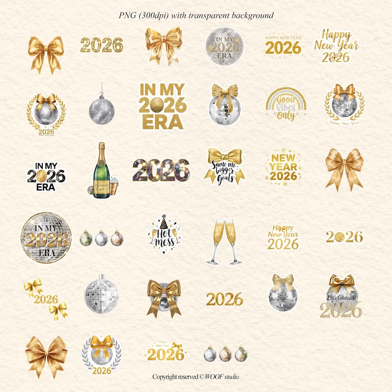 2026 Happy New Year PNG Bundle: Gold Coquette Bows, Disco Ball (digital ...