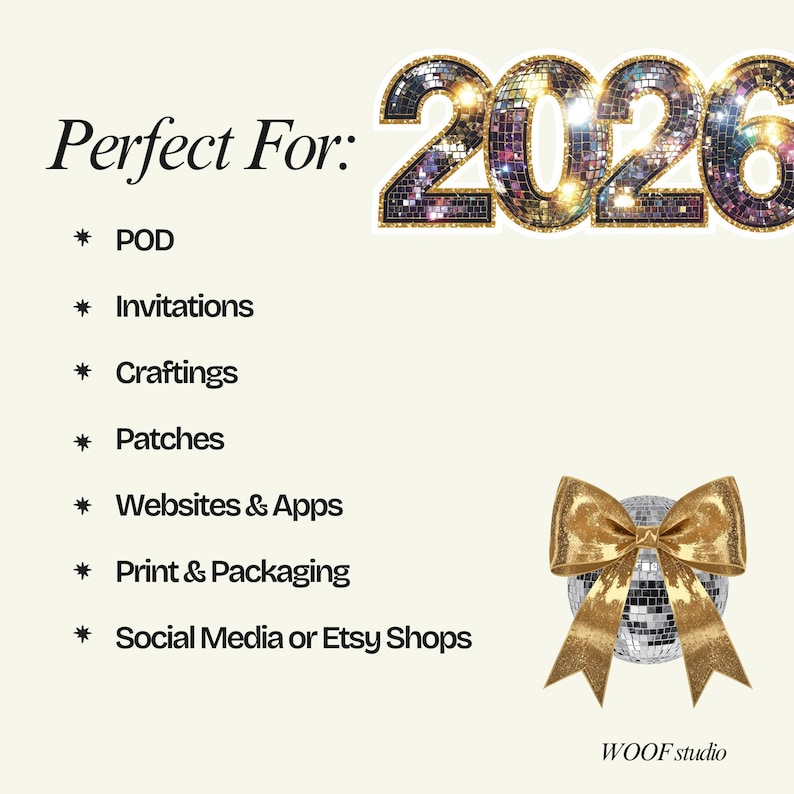 2026 Happy New Year PNG Bundle: Gold Coquette Bows, Disco Ball (digital ...