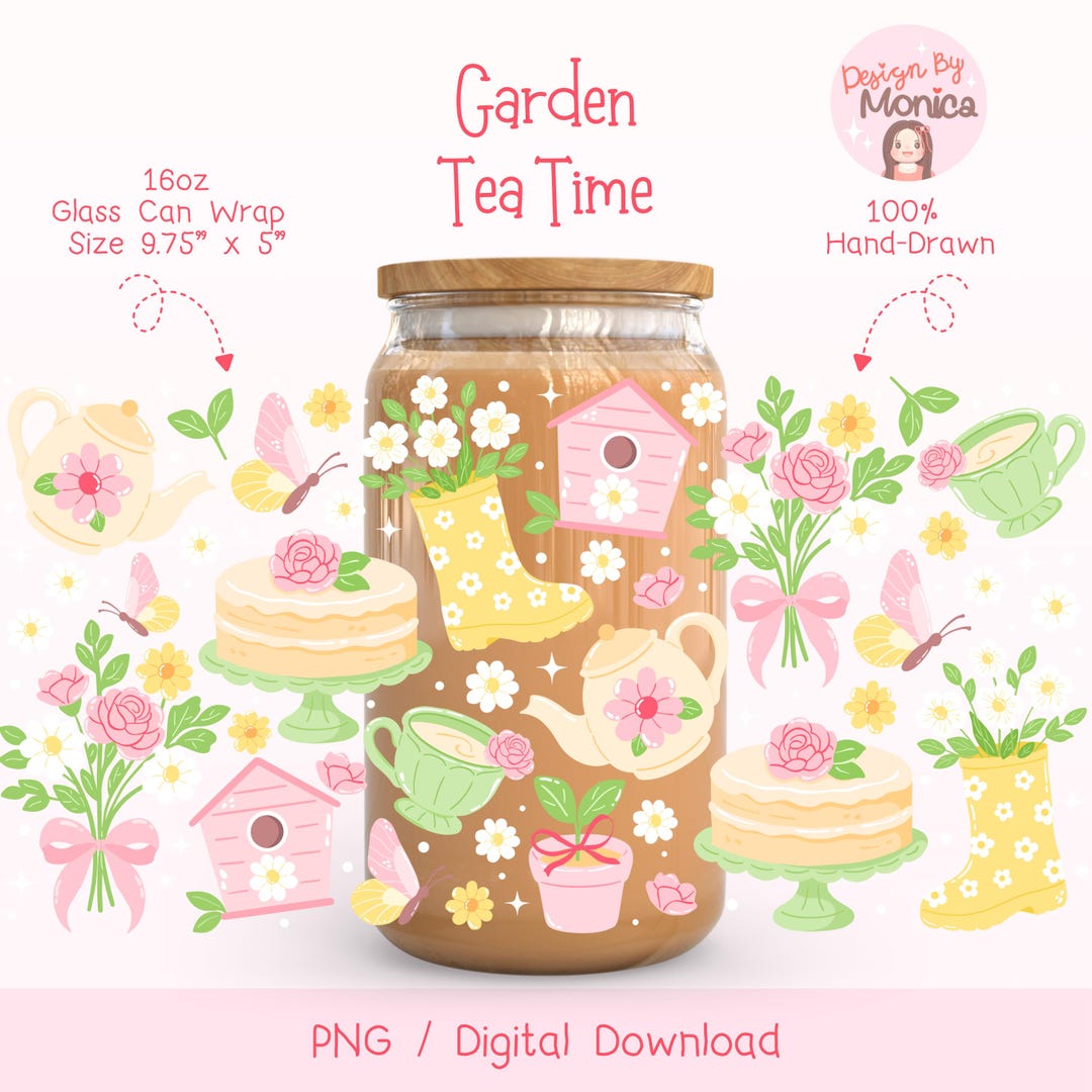 Garden Tea Time Cup Wrap PNG, Floral Libbey Glass Can Wrap, Cottagecore ...