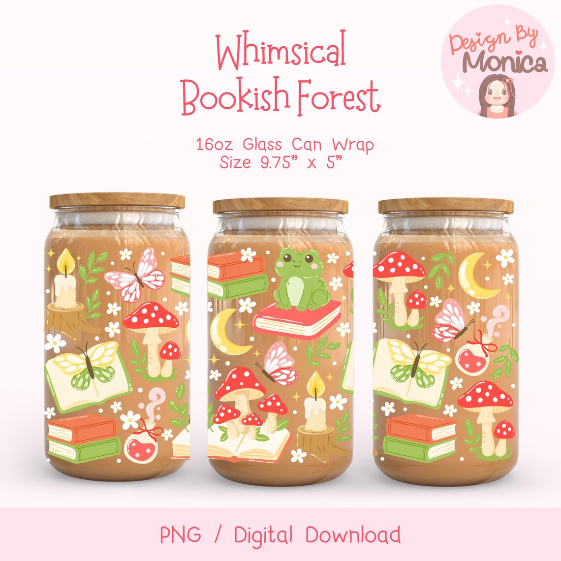 Whimsical Bookish Forest Cup Wrap PNG, Fantasy Cottagecore Glass Can ...