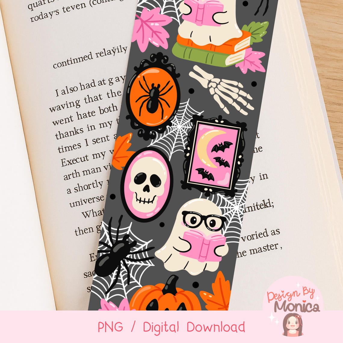 Halloween Bookmark Design PNG, Cute Reading Ghost Bookmark, Printable ...