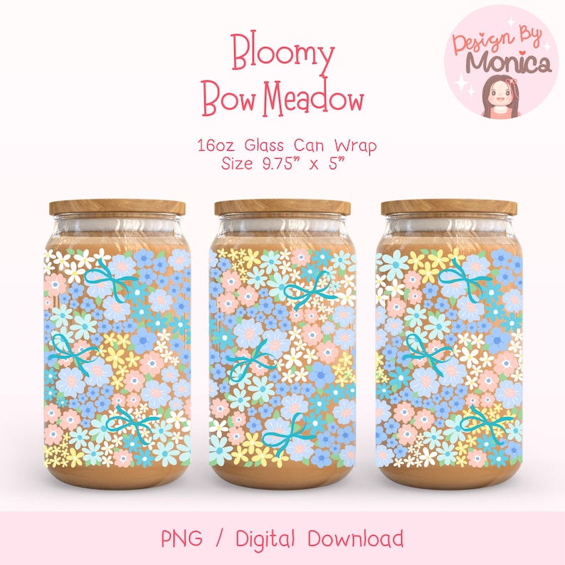 Bloomy Bow Meadow Glass Can Wrap PNG, Pastel Floral Libbey Cup Wrap ...