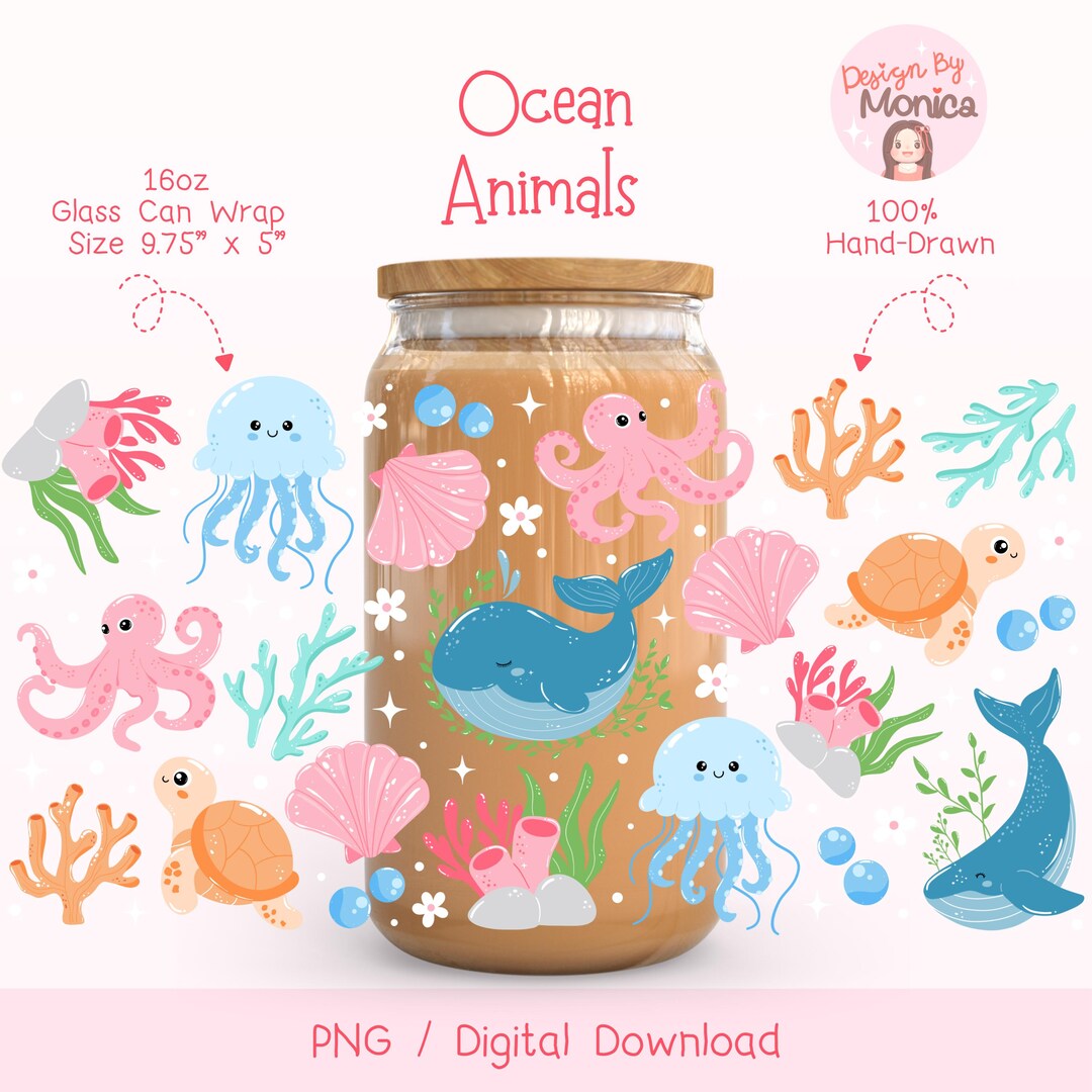 Ocean Animals Glass Can Wrap PNG, Sea Life Tumbler Design (digital ...