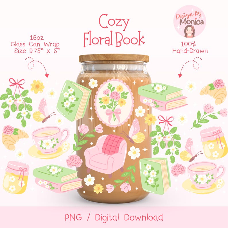 Bookish Floral Tea Cup Wrap PNG, Cozy Reading Libbey Glass Can Wrap ...