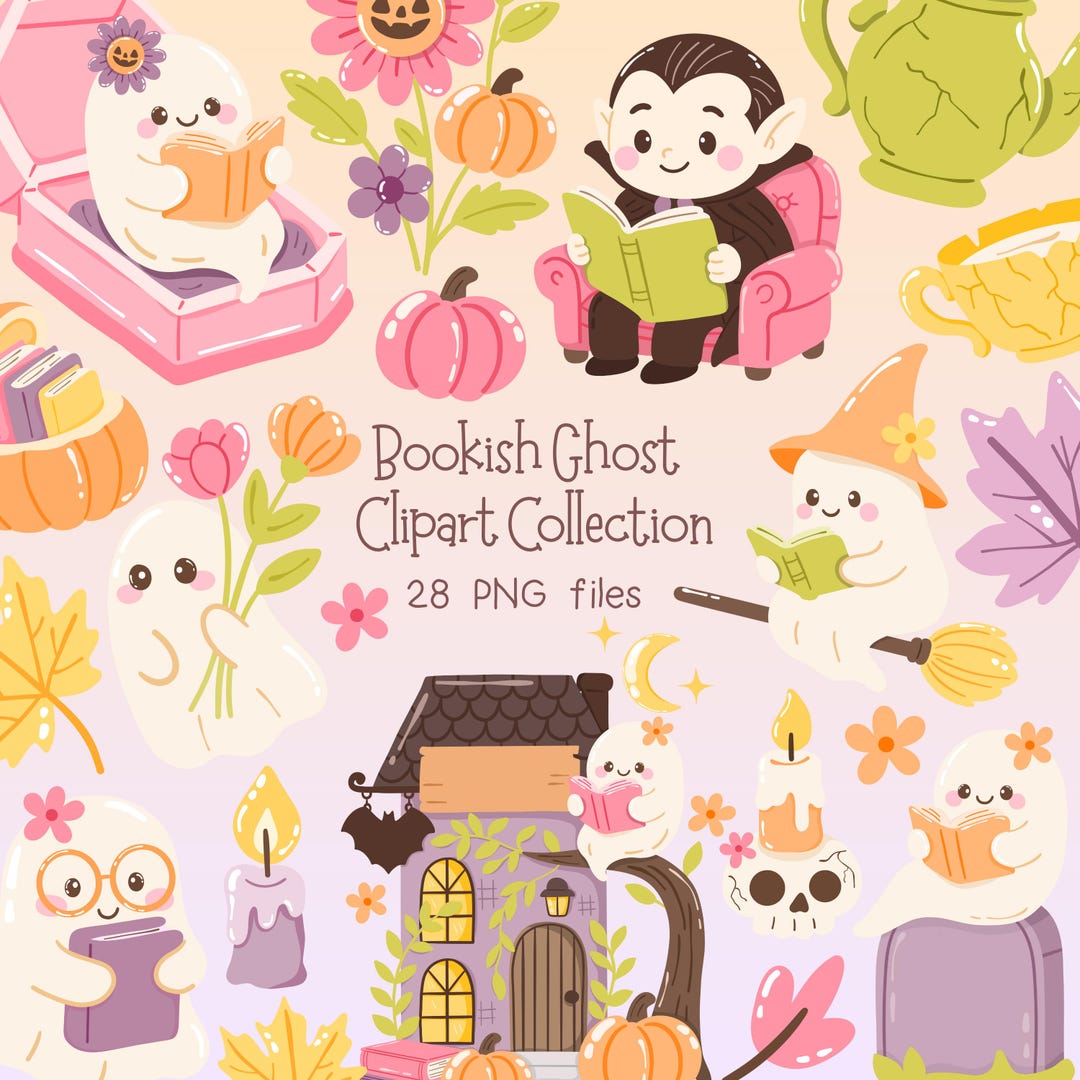 Bookish Ghost Clipart Set: Spooky Halloween Reading PNG - Etsy