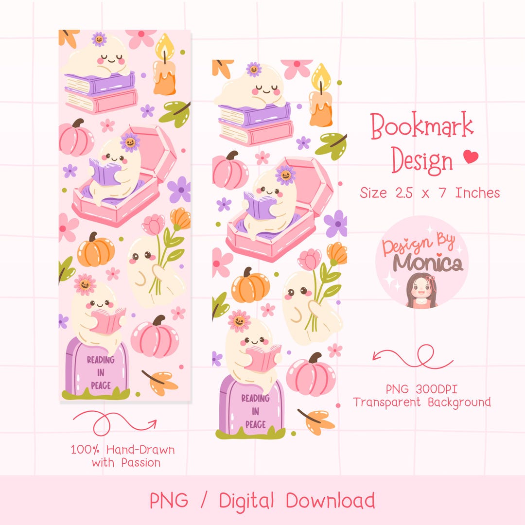 Halloween Bookmark Design PNG, Cute Reading Ghost Bookmark, Printable ...