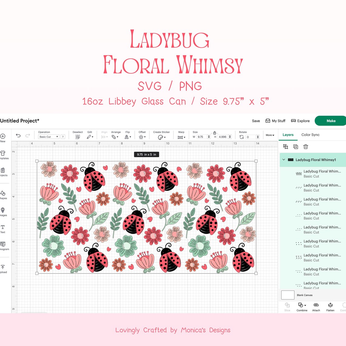 Ladybug Floral Whimsy 16oz Libbey Glass Can Wrap SVG PNG, Cute Ladybug ...