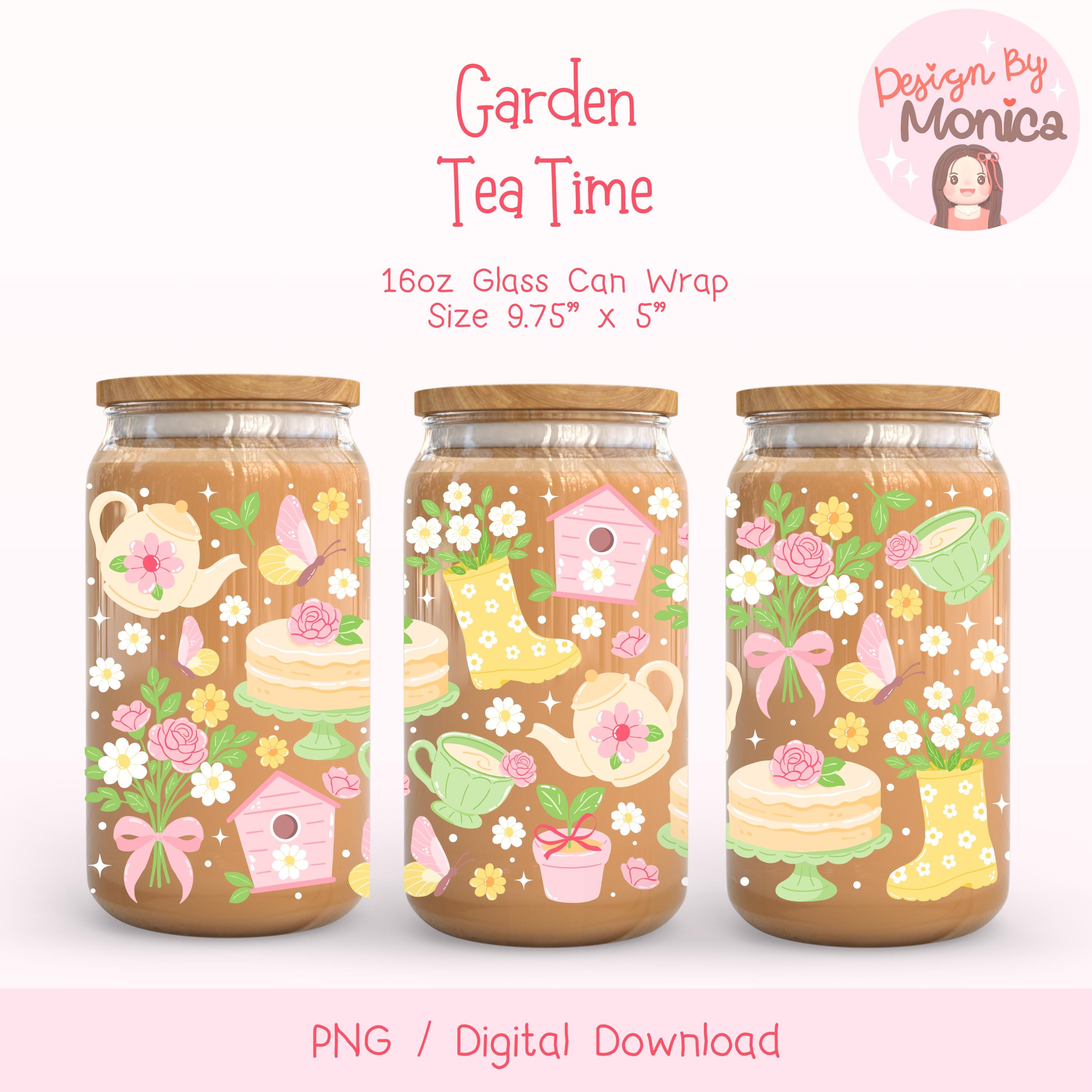 Garden Tea Time Cup Wrap PNG, Floral Libbey Glass Can Wrap, Cottagecore ...
