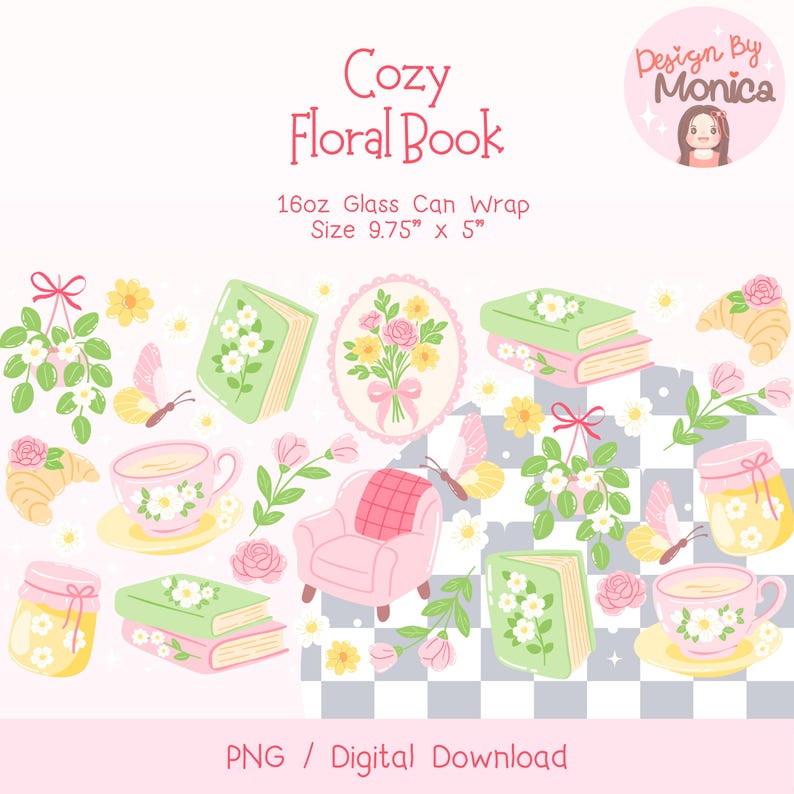 Bookish Floral Tea Cup Wrap PNG, Cozy Reading Libbey Glass Can Wrap ...