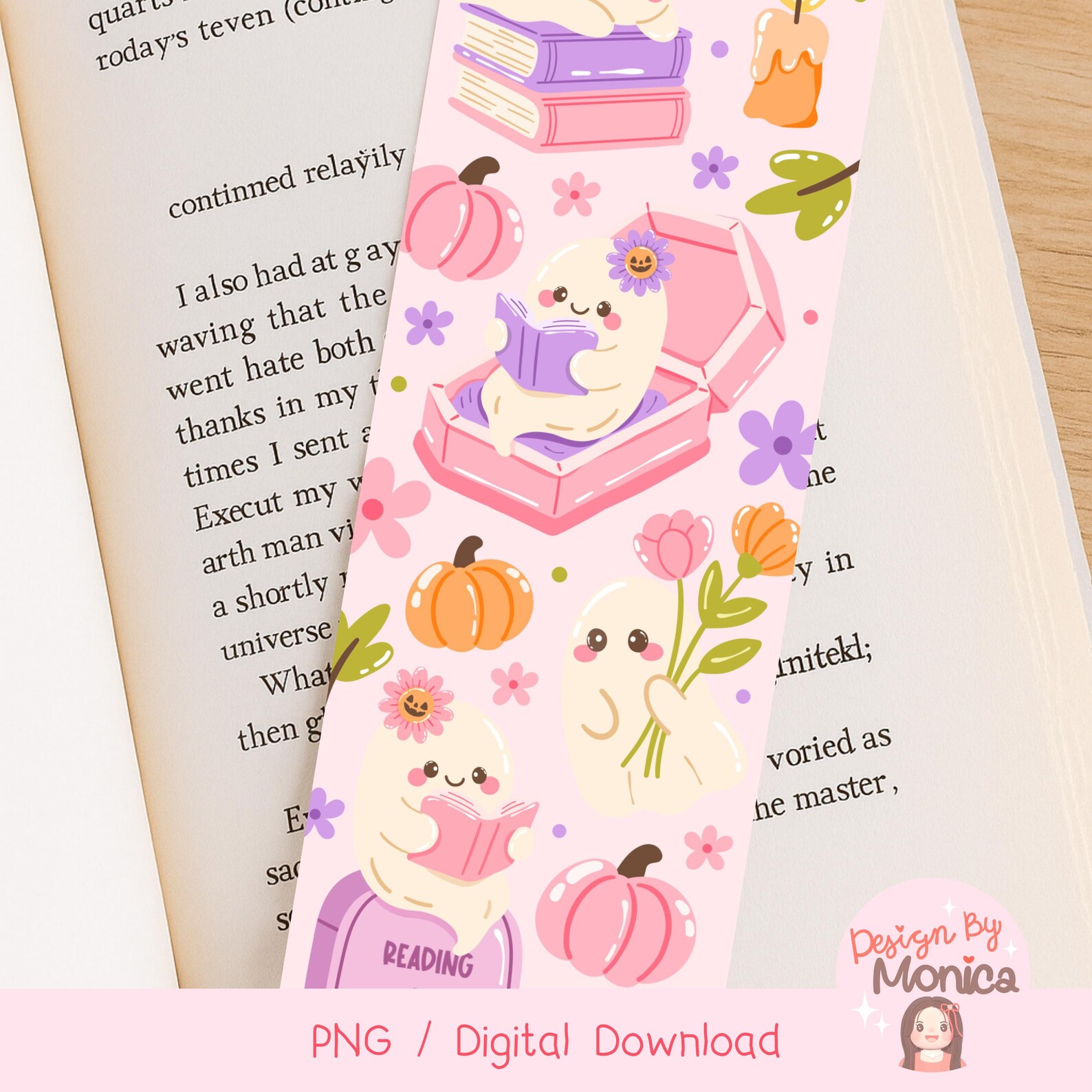 Halloween Bookmark Design PNG, Cute Reading Ghost Bookmark, Printable ...