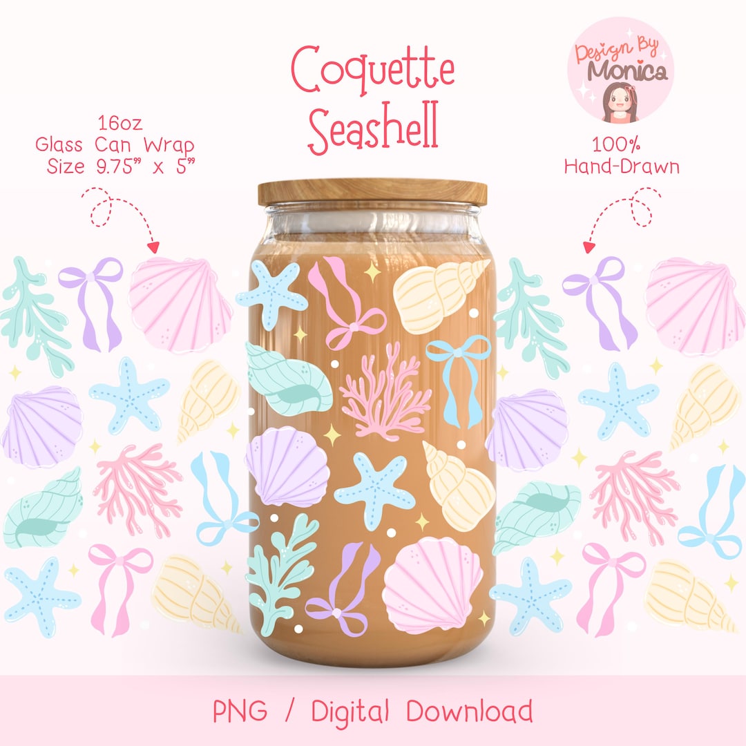Coquette Seashell Libbey Glass Can Wrap, Coastal Mermaid PNG (digital ...