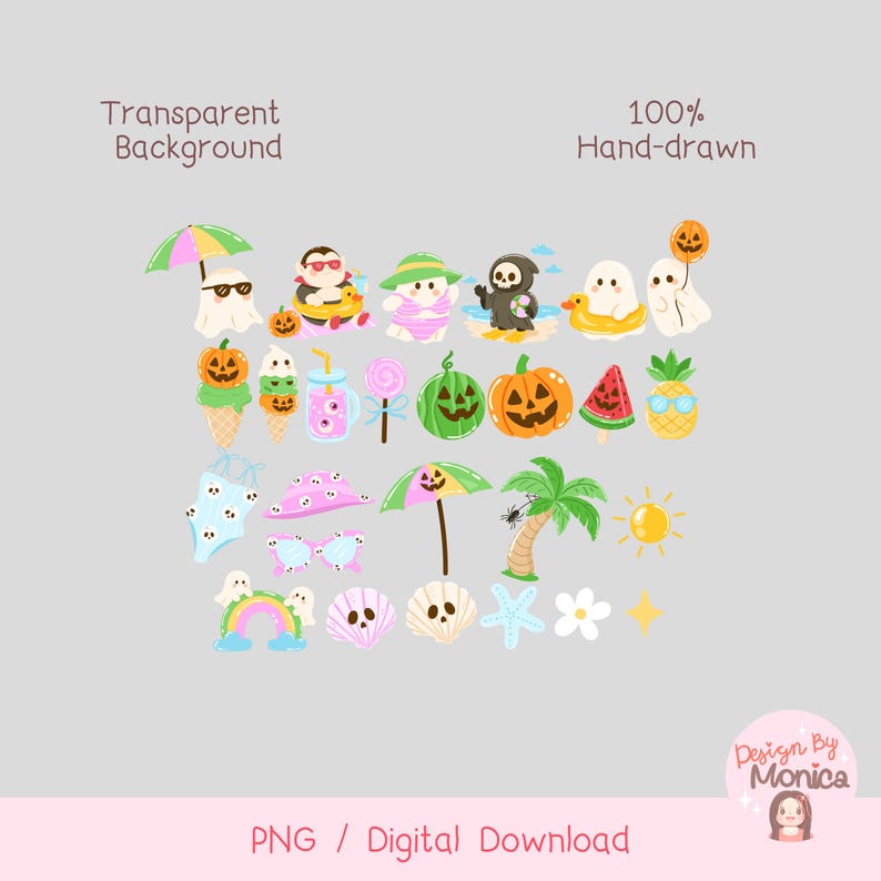 Summerween Clipart Set PNG: Spooky Halloween Beach Ghosts (digital ...