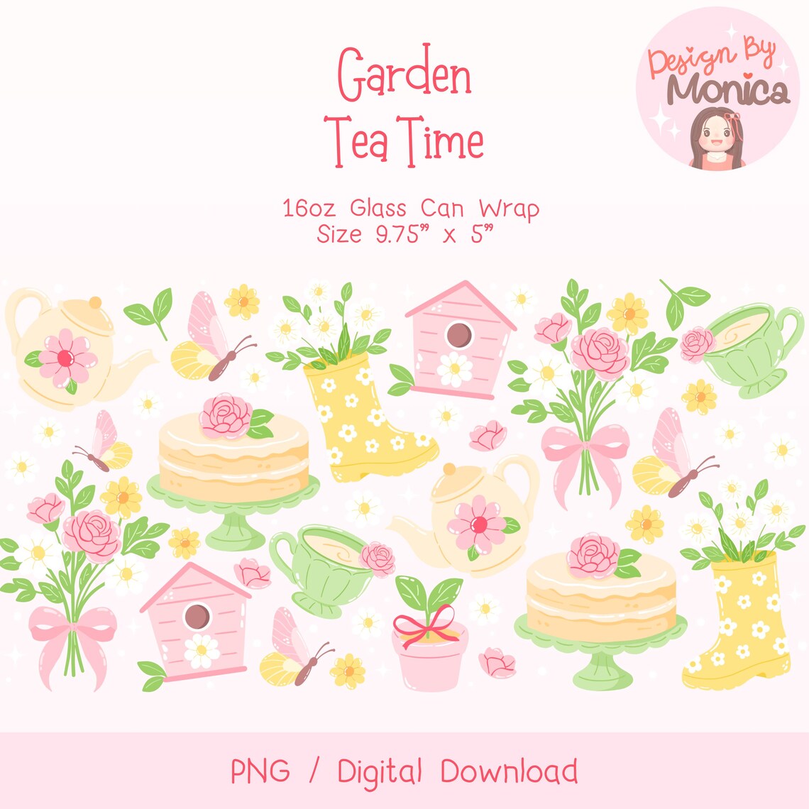 Garden Tea Time Cup Wrap PNG, Floral Libbey Glass Can Wrap, Cottagecore ...