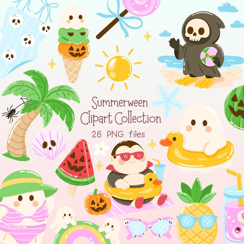 Summerween Clipart Set PNG: Spooky Halloween Beach Ghosts (digital ...