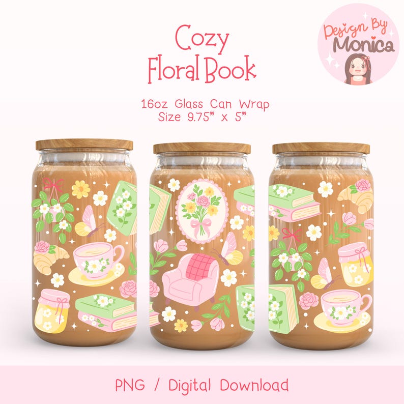 Bookish Floral Tea Cup Wrap PNG, Cozy Reading Libbey Glass Can Wrap ...
