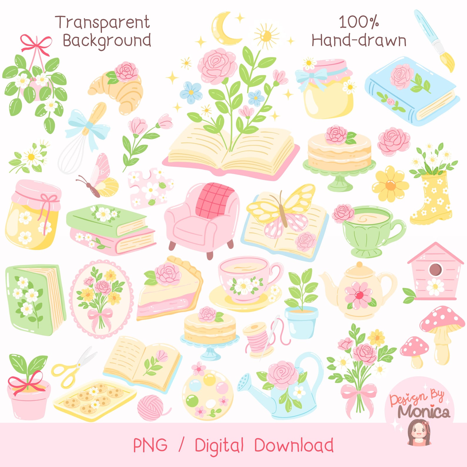 Cottagecore Bookish Clipart Set, Cozy Garden Tea Books PNG, Cute ...