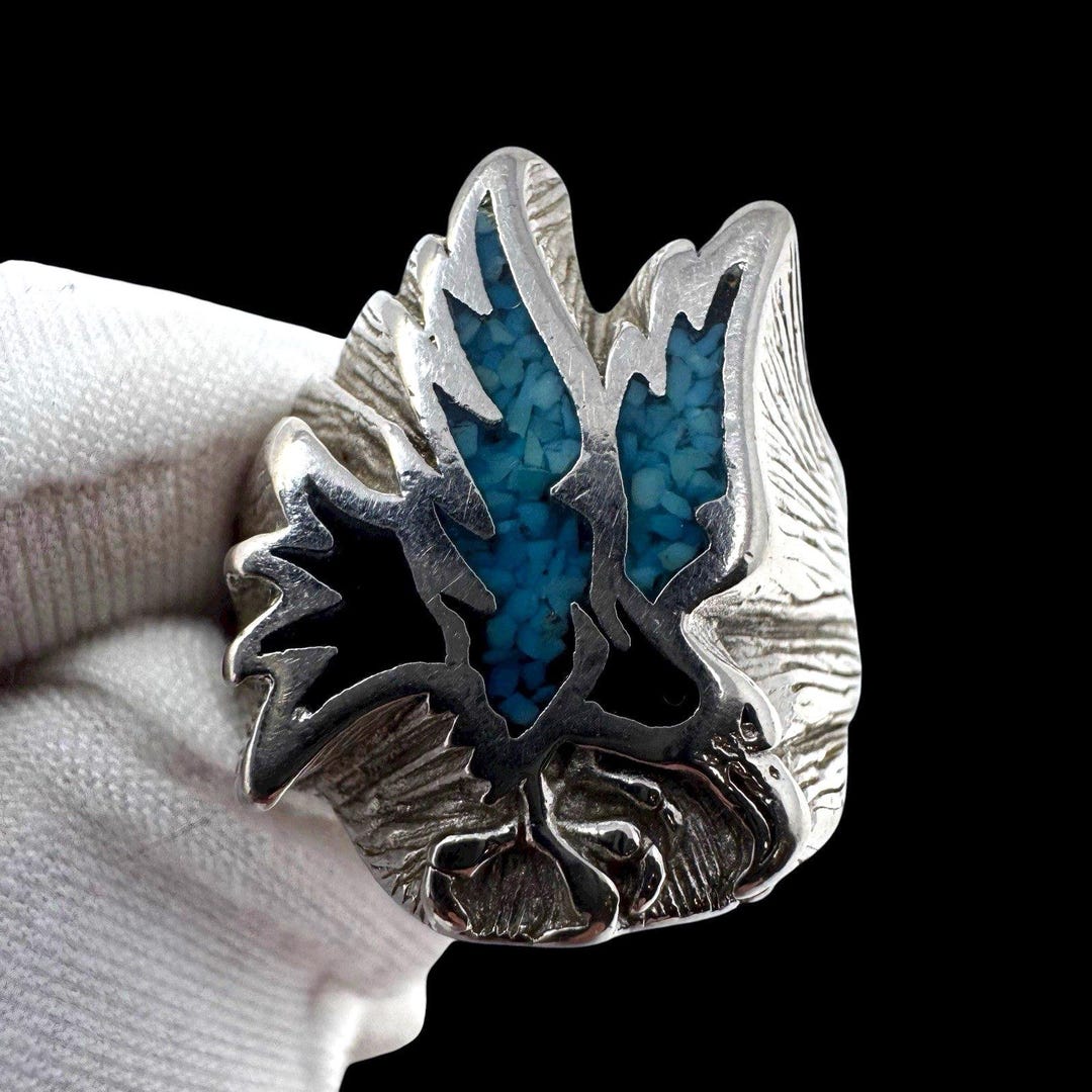 Sterling Silver Turquoise Inlay Eagle Ring Signed EG Navajo Size 12.5 ...
