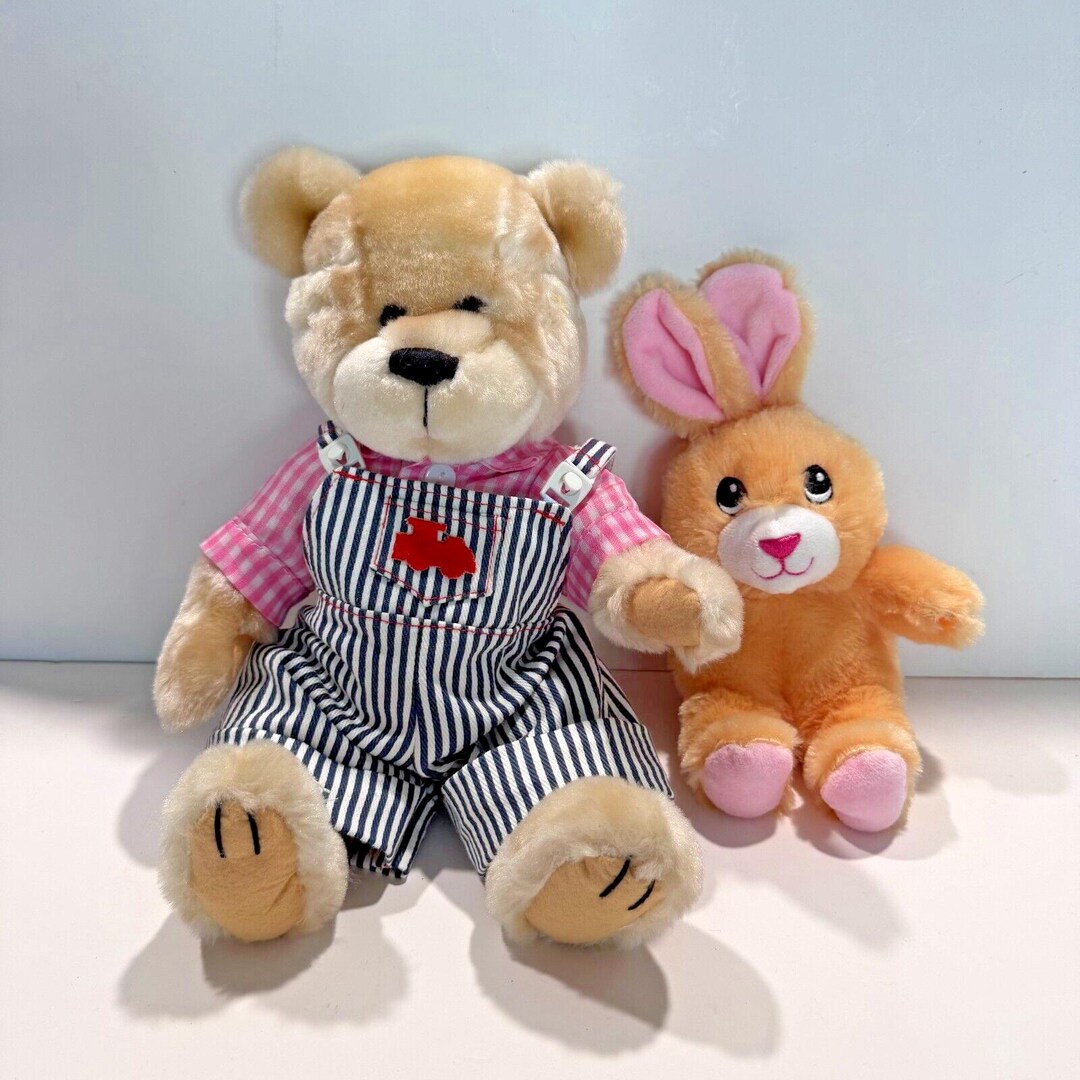 Vintage Lot of 2 Plushies Brass Button Bear Harper Jumpsuit Bunny ...