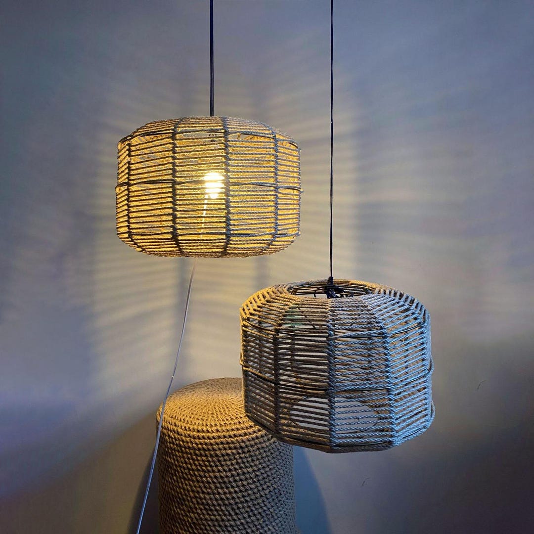 Jute Pendant Light, Rustic Ceiling Lamp, Natural Jute Chandelier ...