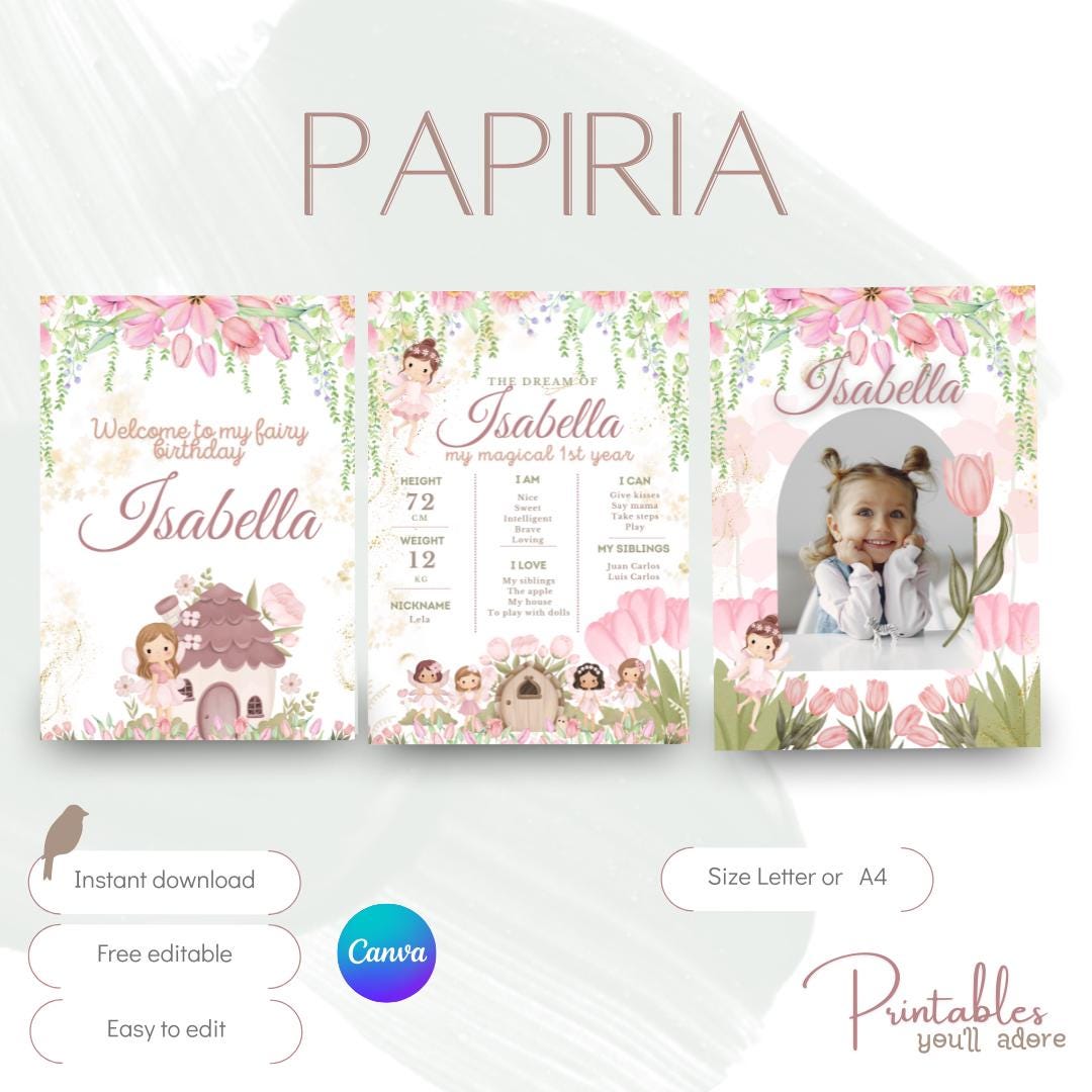 3 Fairy Birthday, Welcome and Photo Poster, Editable Flower Garden ...