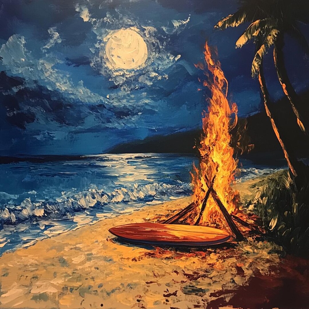 Moonlit Surf & Firelight-36x36 Inches Oil Painting on Canvas;one-of-a ...