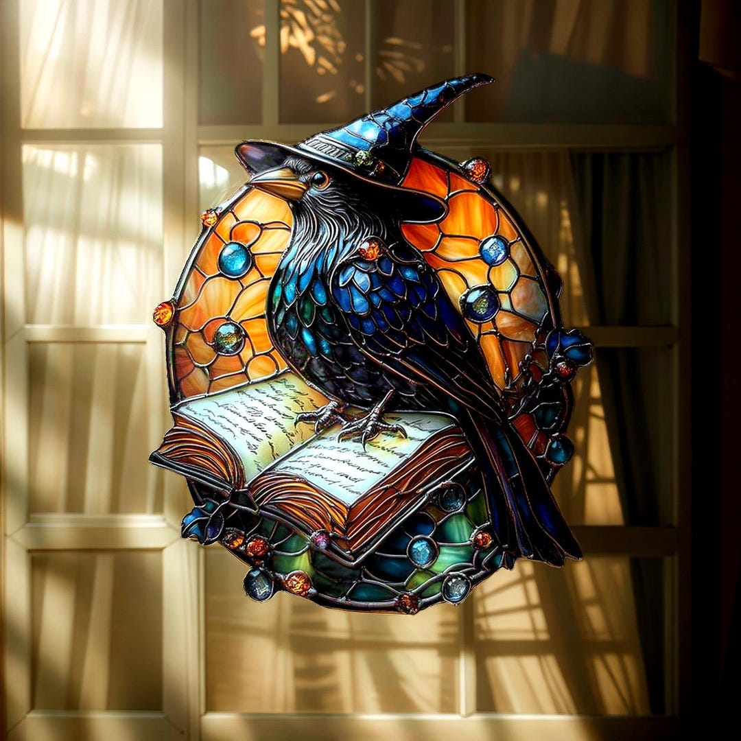 Spellbook Raven Acrylic Suncatcher – Faux Stained Acrylic Witchy Window ...